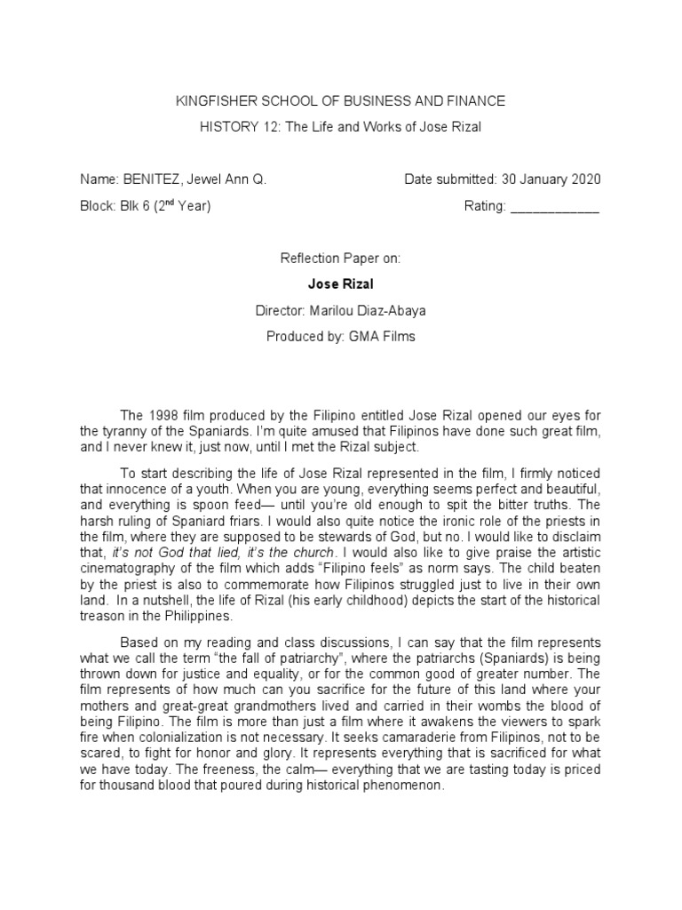 Reflection Paper On The Movie Jose Rizal | PDF | Philippines | Slavery