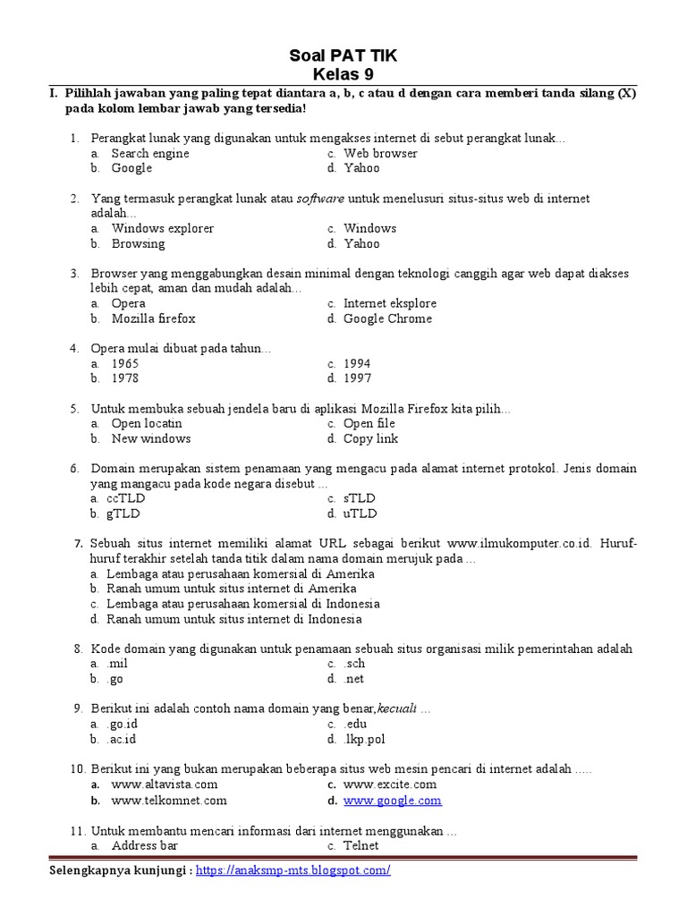 Soal PAT TIK Kelas 9 (Anaksmp-Mts) | PDF
