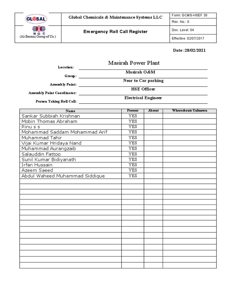 Roll Call Register Fire Fighting Emergency Mock Drill - Masirah Power ...