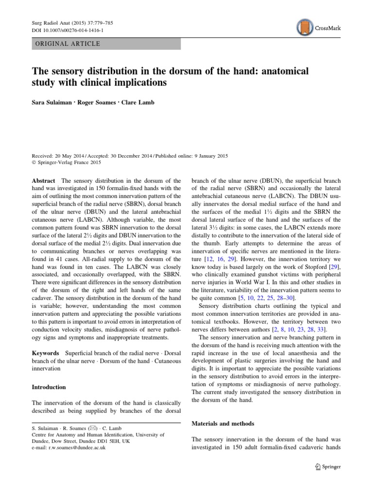 Sulaiman2015 Article TheSensoryDistributionInTheDor | PDF | Hand ...