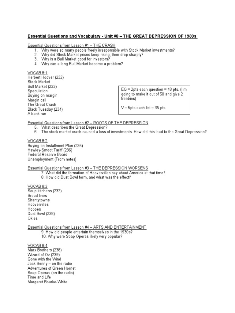 Essential Questions and Vocab Unit 8 - 1930s | PDF | Great Depression ...