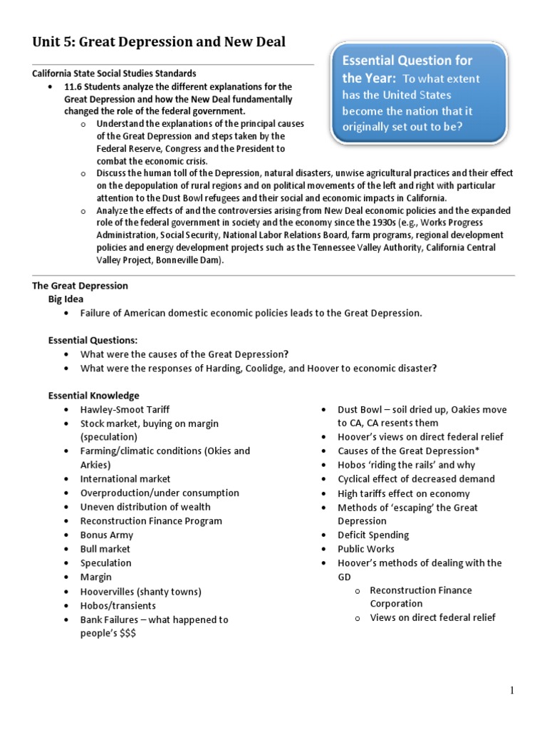 Unit 5 Study Sheet | PDF | New Deal | Great Depression