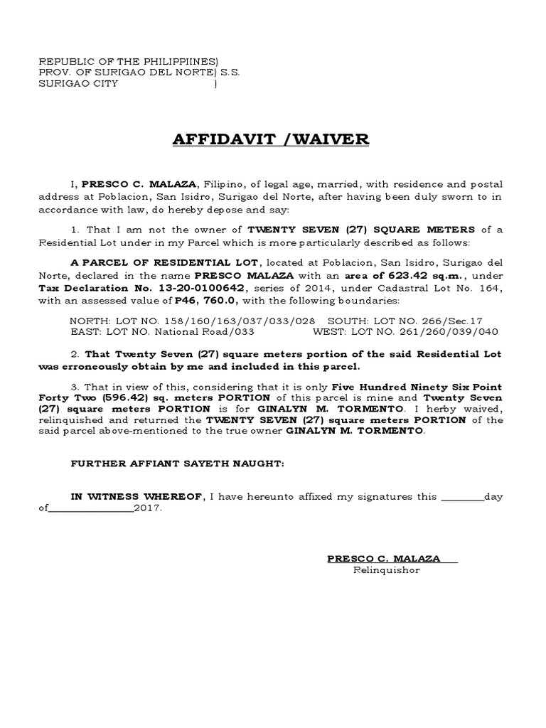 Affidavit Waiver - Ginalyn M. Tormento | PDF
