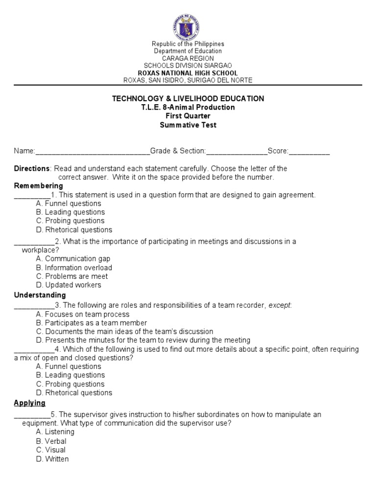 1st Quarter - TLE 8 Animal Production | PDF | Human Nature | Communication