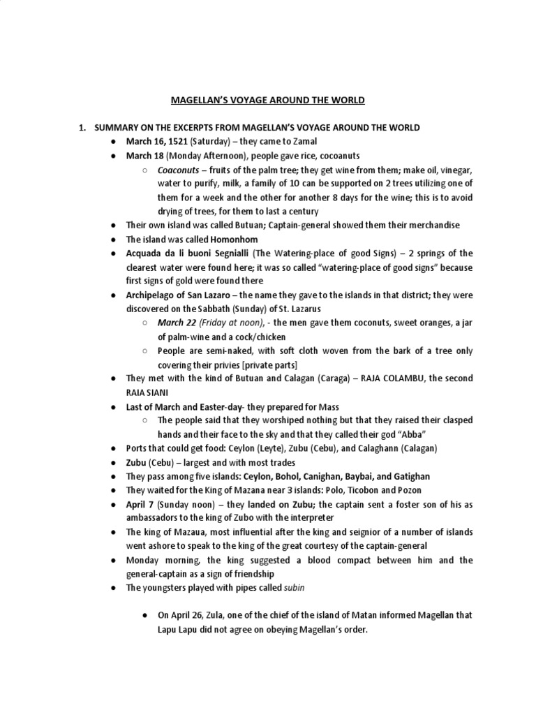 Summary On The Excerpts From Magellan'S Voyage Around The World | PDF