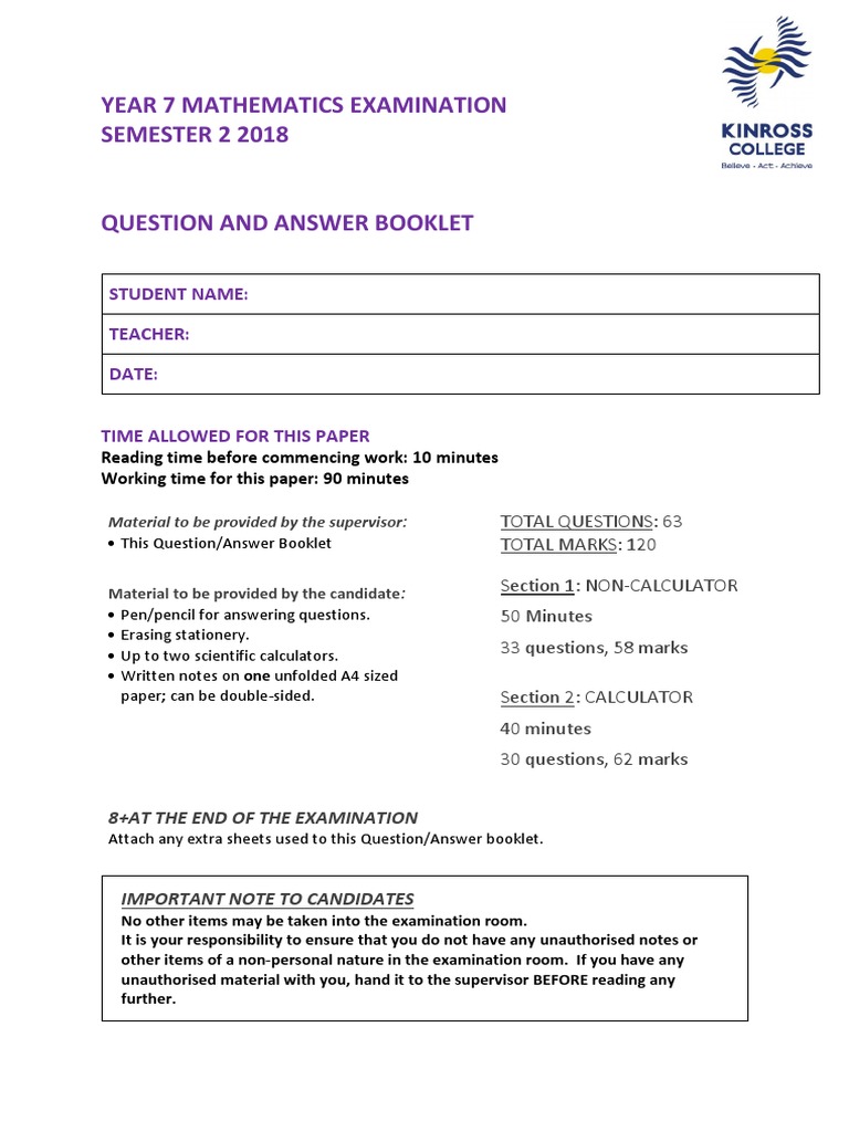 Yr 7 MATHS Exam 2018 Sem 2 Final | PDF | Mean | Test (Assessment)