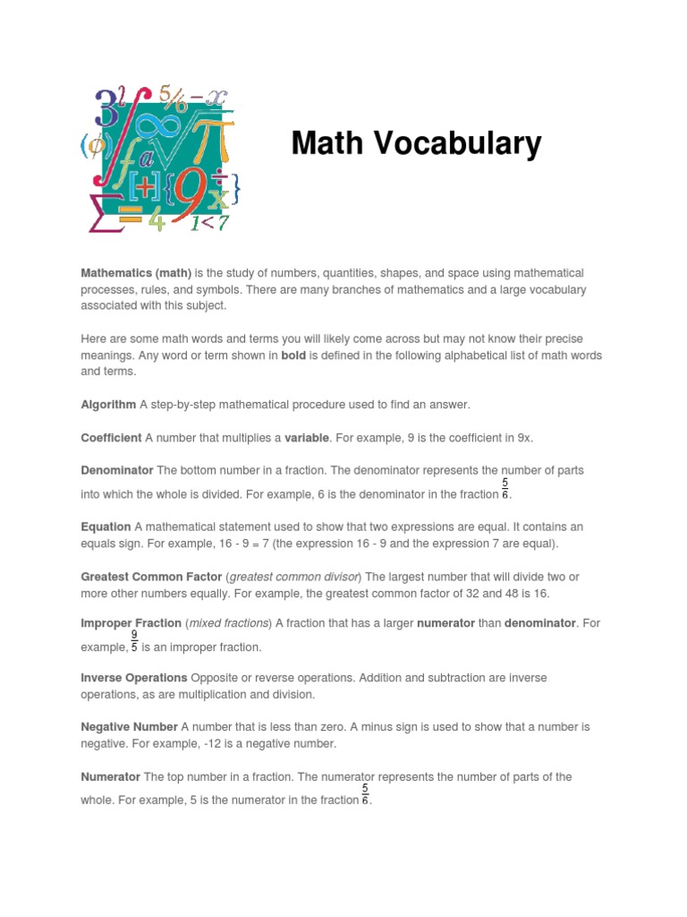 Math Vocabulary Pdf Numbers Mathematical Notation