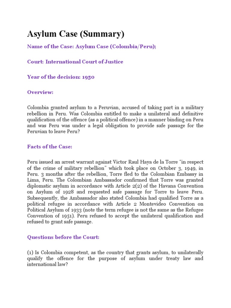 Asylum Case Colombia v. Peru ICJ Reports 20 November 1950 | PDF ...