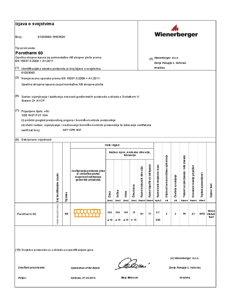 HR MKT TEC WAL POR Porotherm 60 Izjava o Svojstvima | PDF