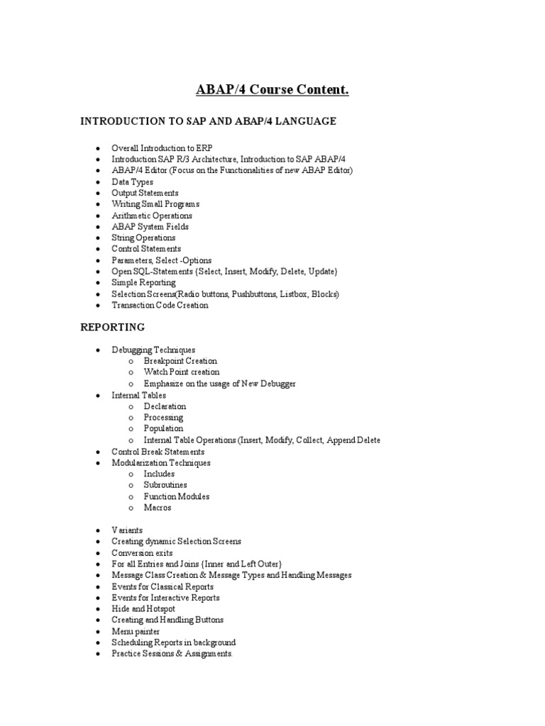 ABAP/4 Course Content.: Introduction To Sap and Abap/4 Language | PDF ...
