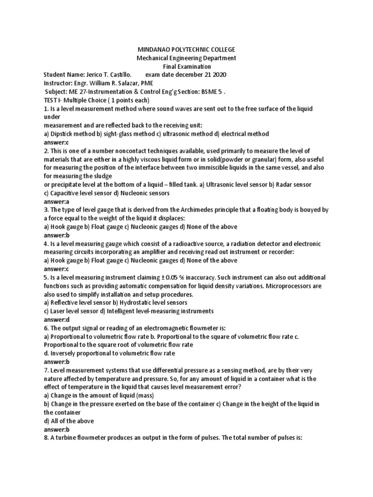 Instrumentation Final Exam | PDF | Flow Measurement | Feedback