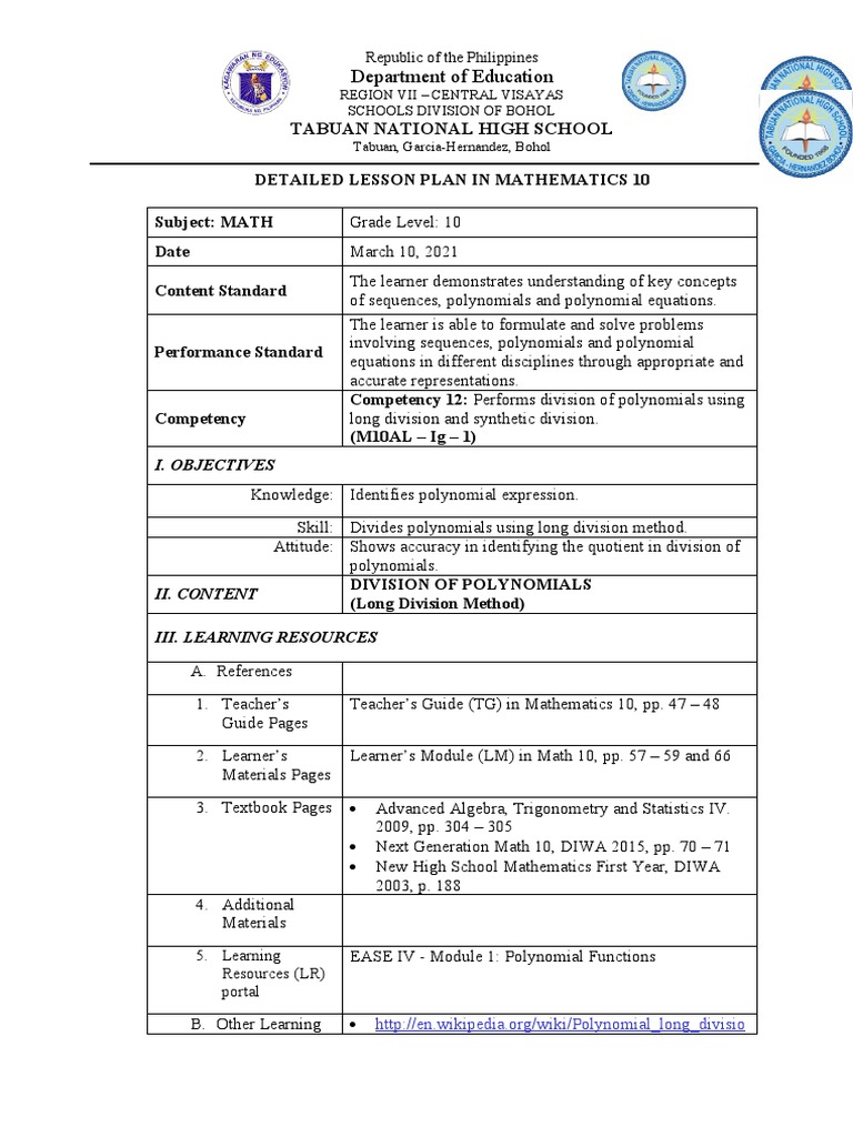 Department of Education: Detailed Lesson Plan in Mathematics 10 Subject ...