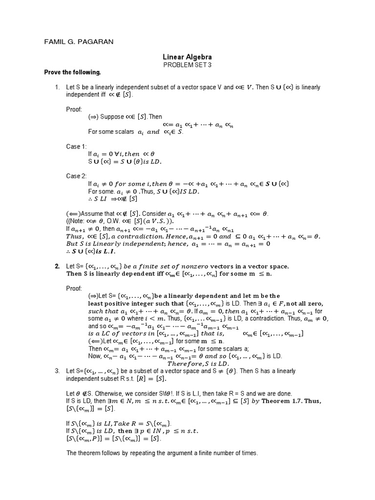 Linear Algebra Problem Set 3 | PDF | Basis (Linear Algebra) | Vector Space