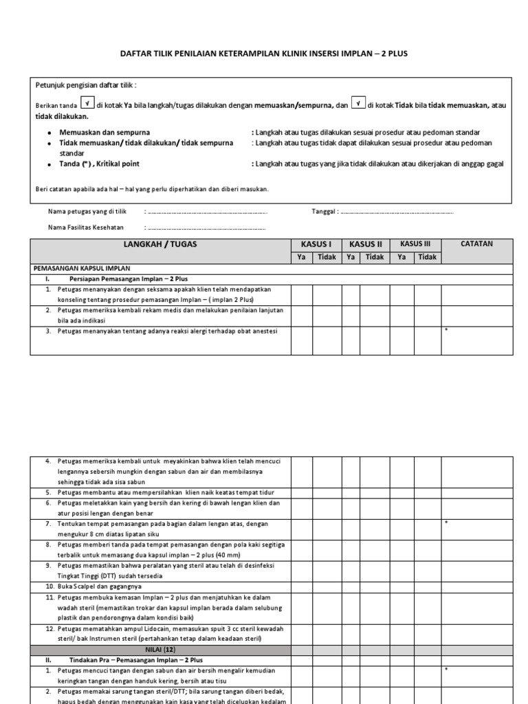 Daftar Tilik Pemasangan Implan 2 Plus | PDF