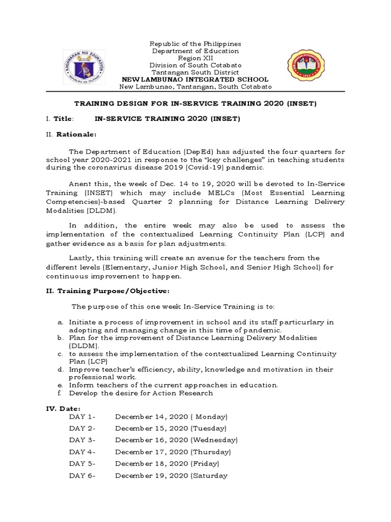 Inset Training Design 2020-2021 - Edited | PDF | Learning | Behavior Modification