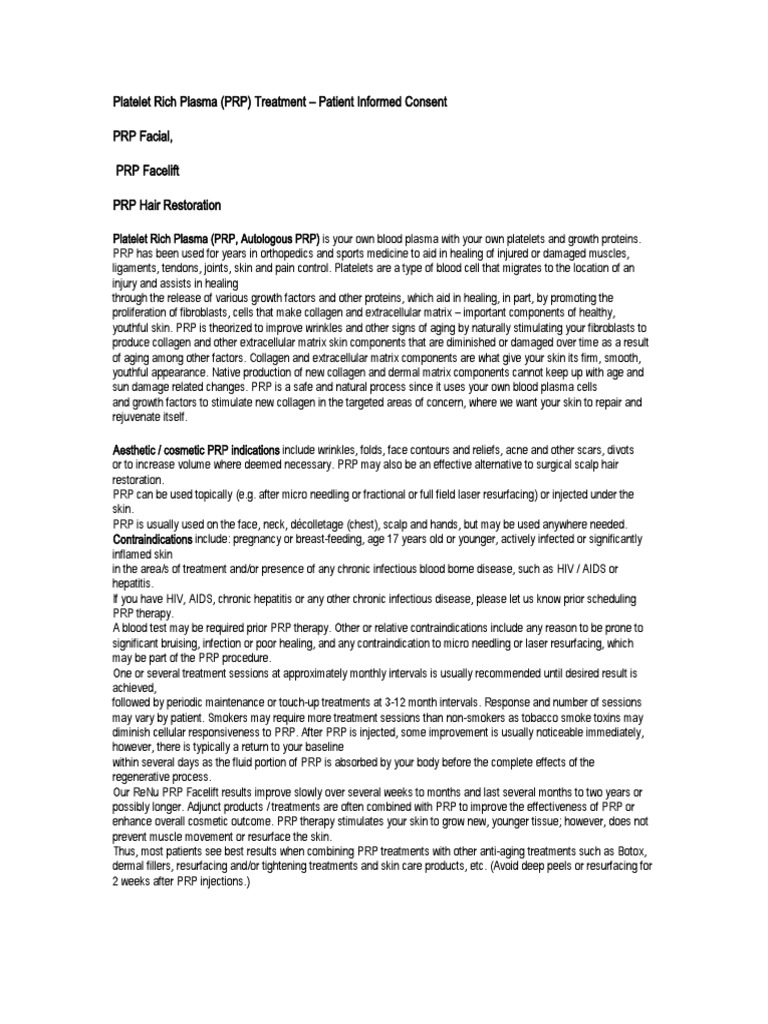 Platelet Rich Plasma Consent Form | PDF | Extracellular Matrix | Wrinkle