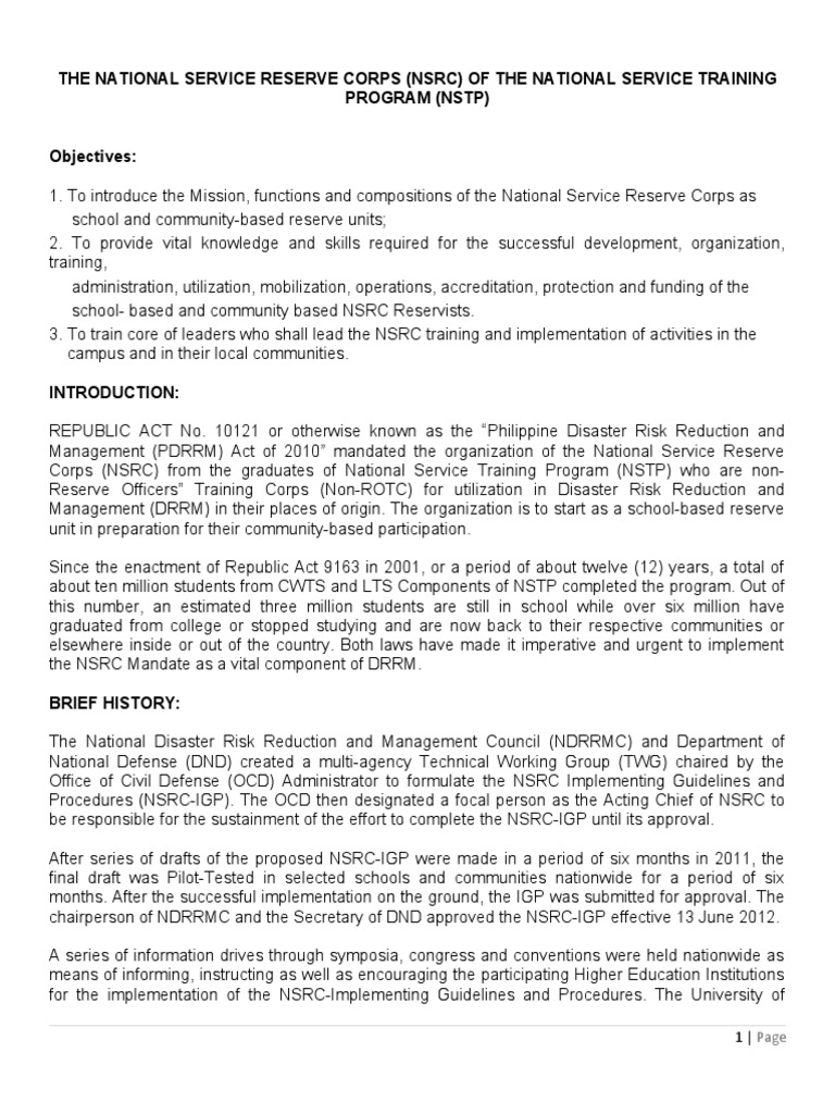 The National Service Reserve Corps (NSRC) of The National Service ...