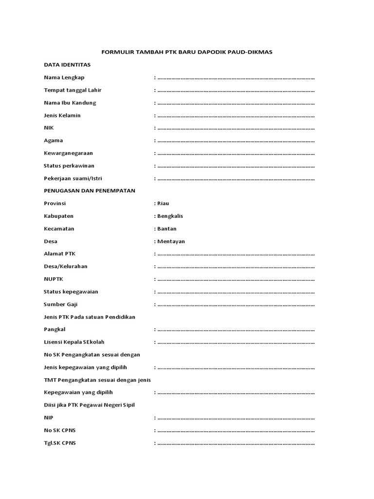 Formulir Tambah PTK Baru Dapodik Paud | PDF