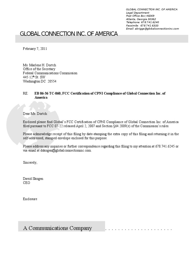 Global FCC Annual CPNI Certificate Transmittal 020711 | PDF | Federal ...
