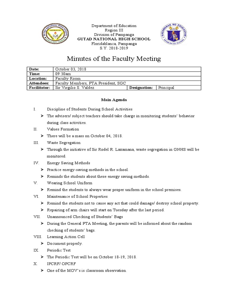 Minutes of The Faculty Meeting: National High School | PDF | Teachers