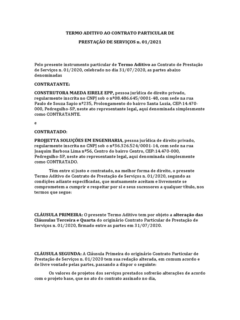Modelo Termo Aditivo Simples Ao Contrato Particular de Prestacao de ...