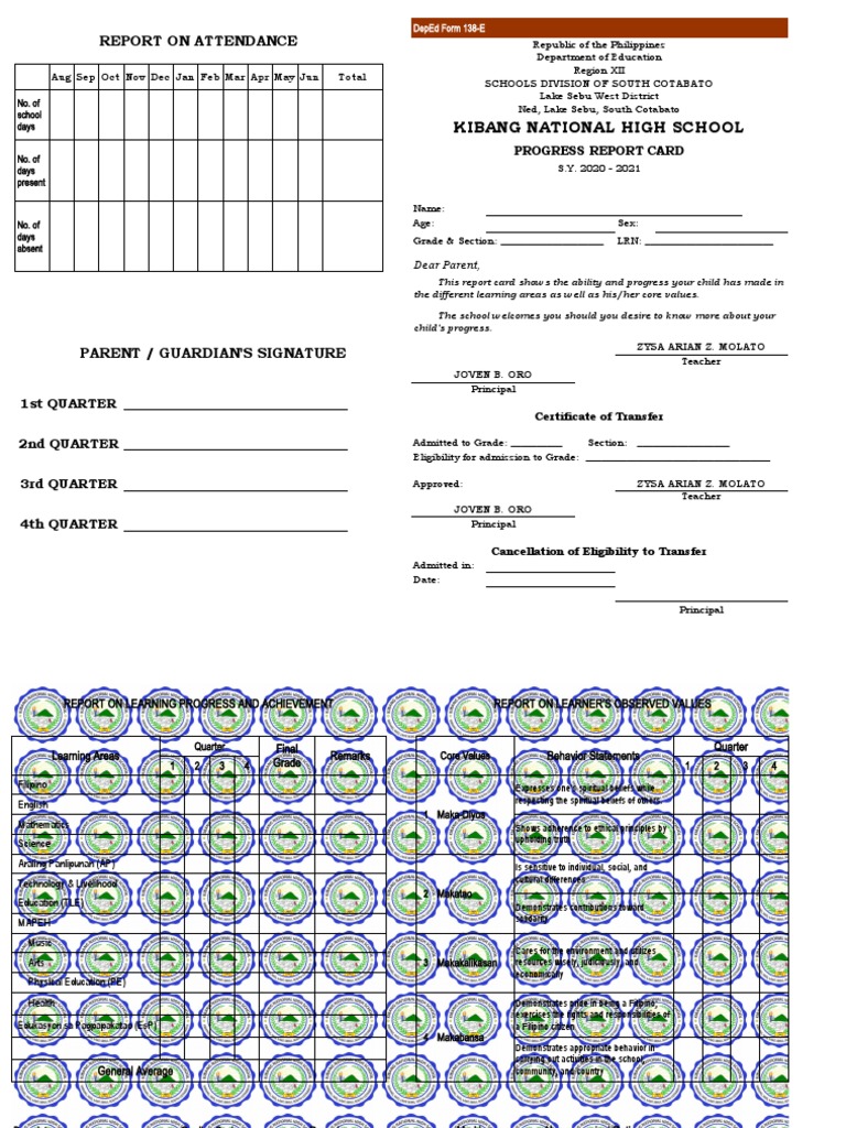 Deped Form 138 Jhs | PDF | Value (Ethics) | Psychology