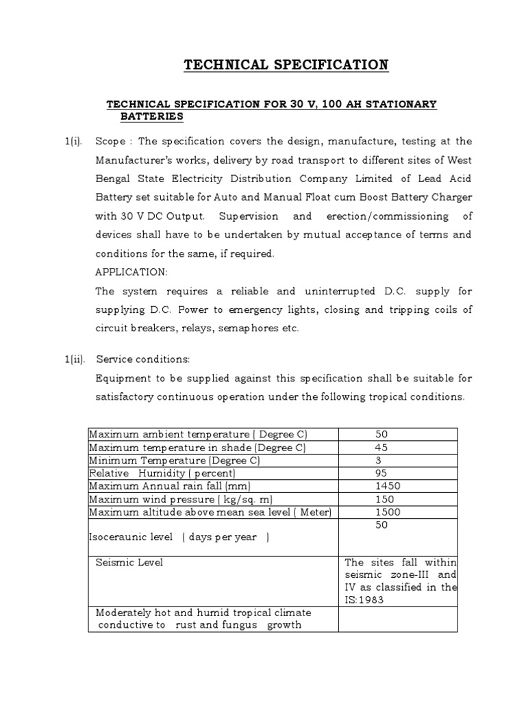 Technical Specification of 30V, 100AH Plante Type Battery | PDF ...