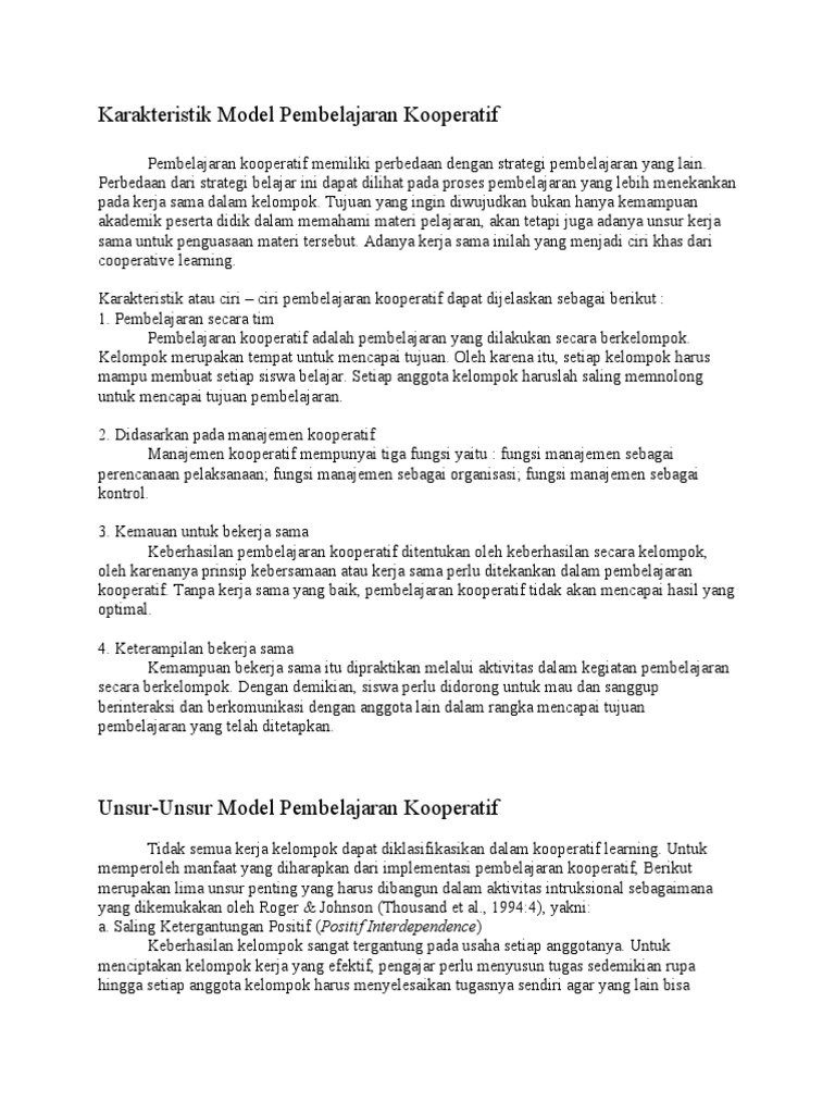Karakteristik Model Pembelajaran Kooperatif | PDF