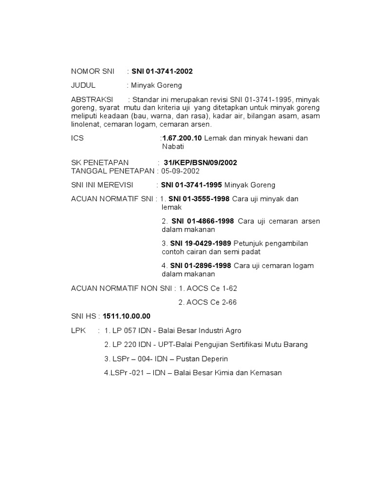 Nomor Sni | PDF | Memasak, Makanan, & Anggur | Teknologi & Rekayasa