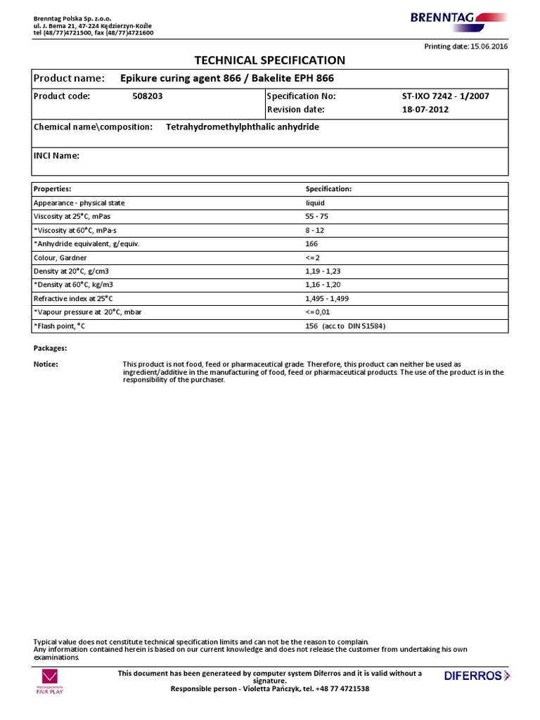 Technical Specification: Product Name: Epikure Curing Agent 866 ...