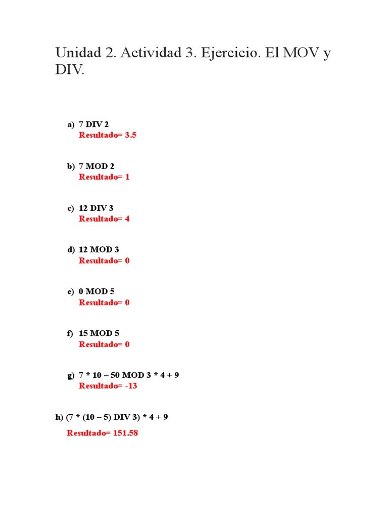 Ejercicios de Operadores DIV y MOD | PDF