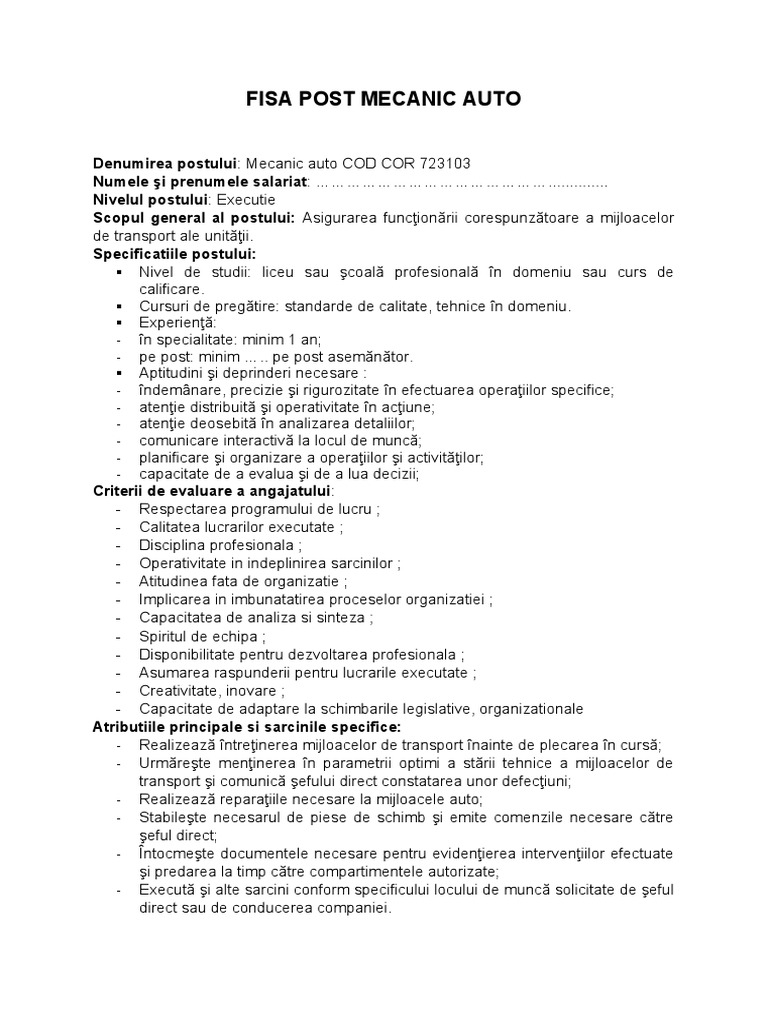 Fisa Post Mecanic Auto | PDF