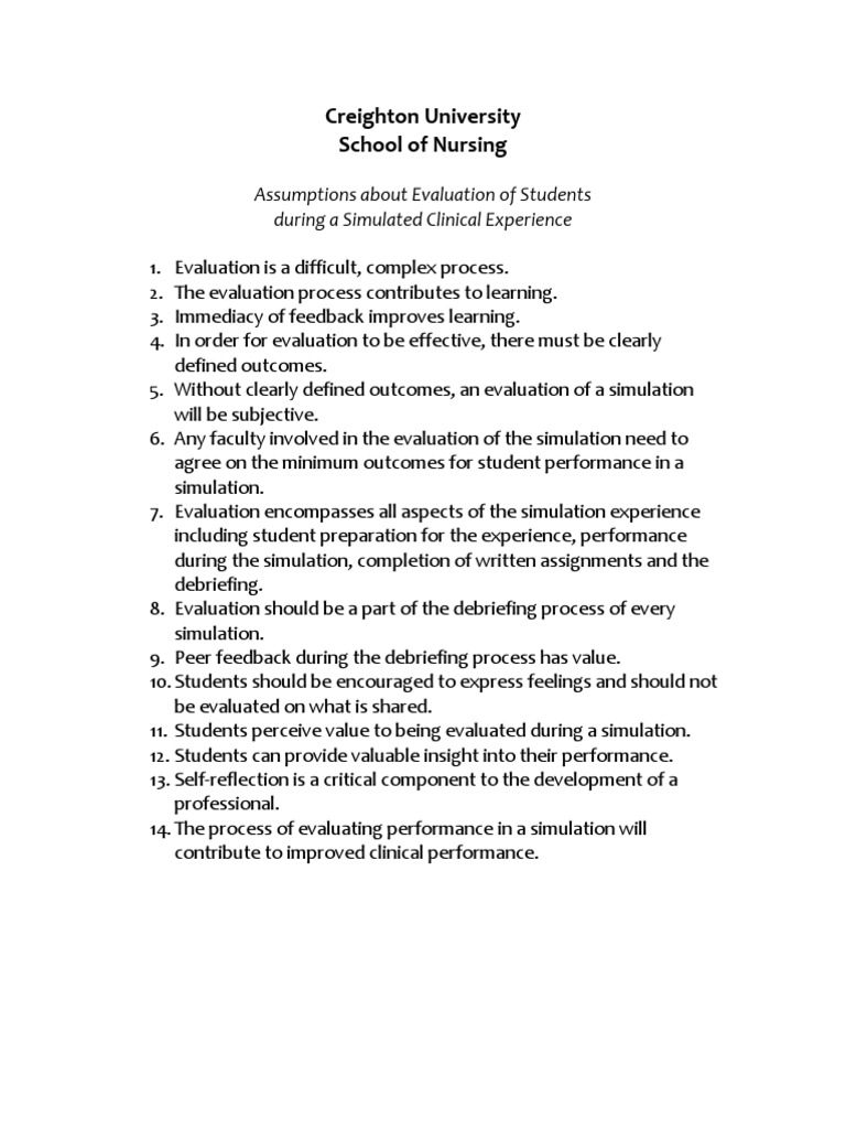 Creighton University Assumptions About Simulation Evaluation | PDF
