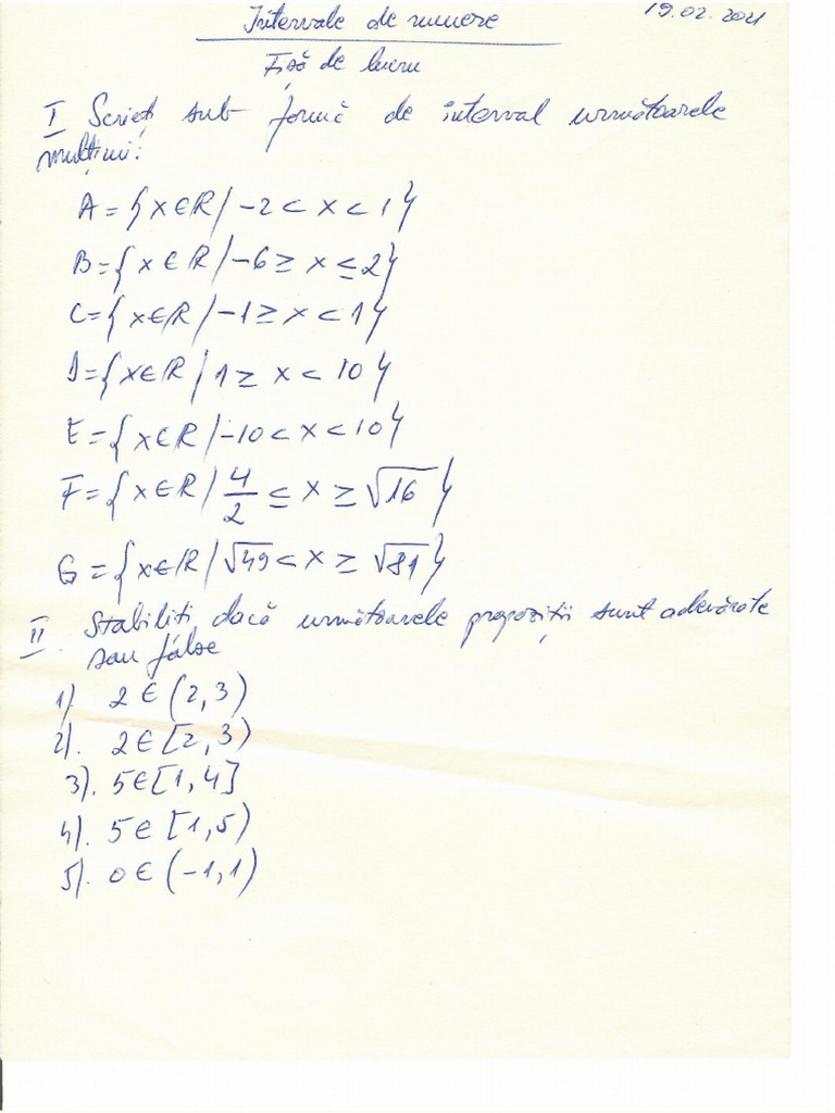 Fisa de Lucru Intervale de Numere Reale | PDF