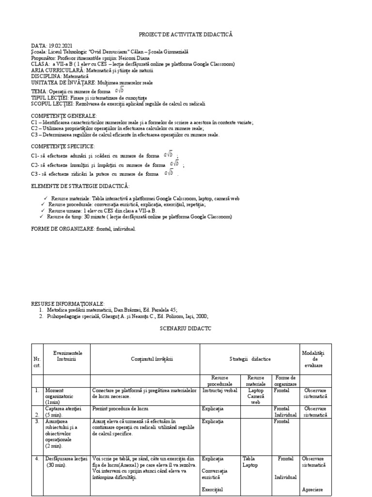 PROIECT DIDACTIC - Matematica - Operatii Cu Radicali - Exercitii | PDF
