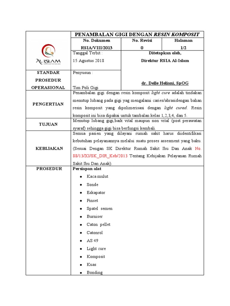 SOP Penambalan Gigi Dengan Resin Komposit | PDF