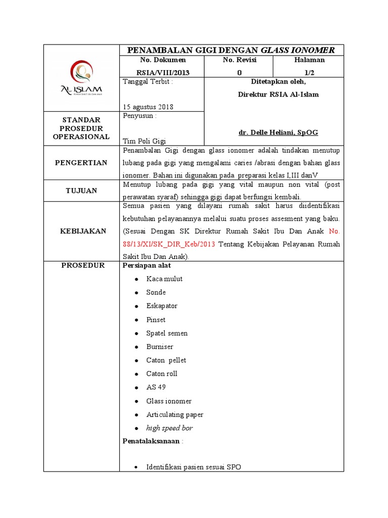 SOP Penambalan Gigi Dengan Glass Ionomer 2 | PDF