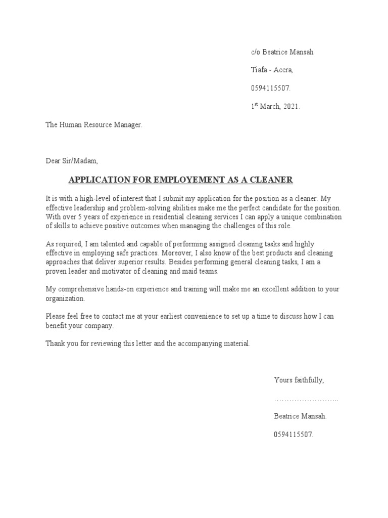 Application for Cleaner Position | PDF