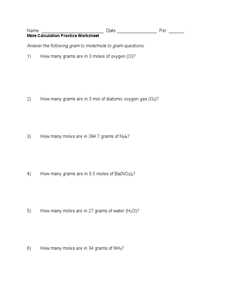 Mole Calculation Practice Worksheet | PDF