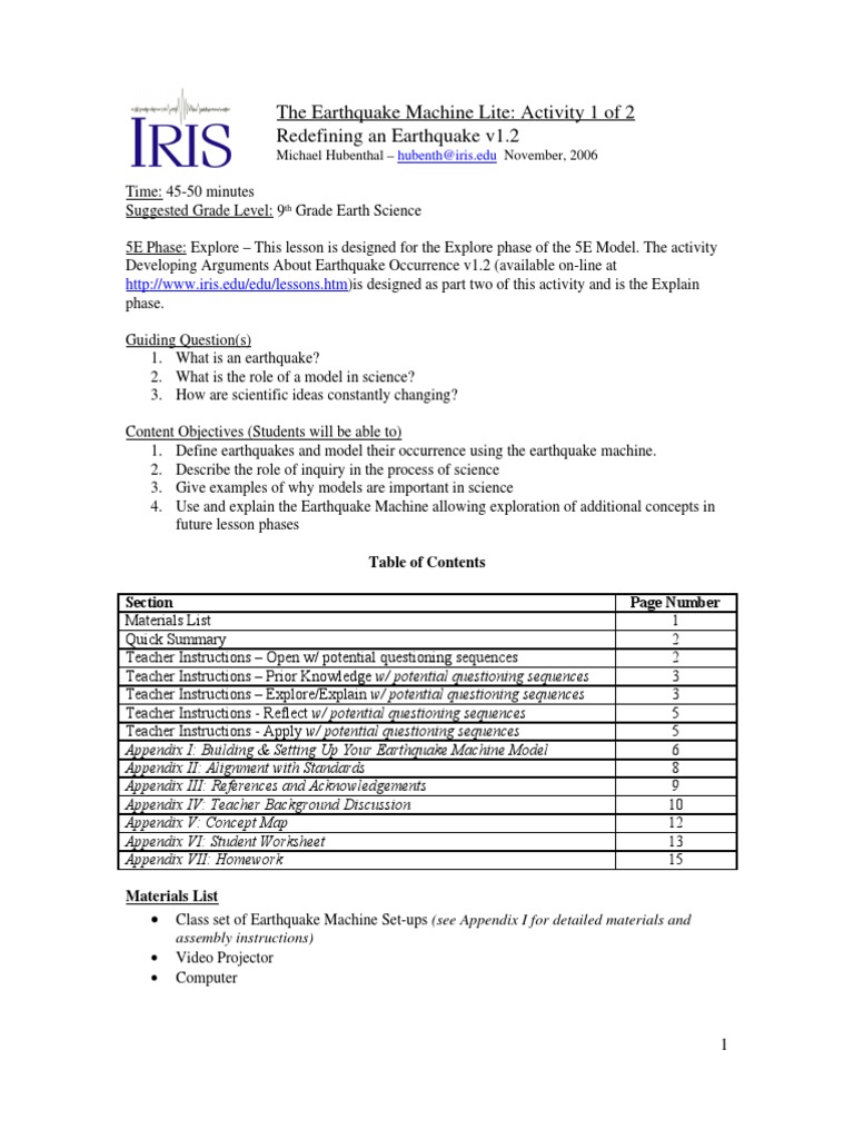 The Earthquake Machine Lite: Activity 1 of 2 Redefining An Earthquake ...