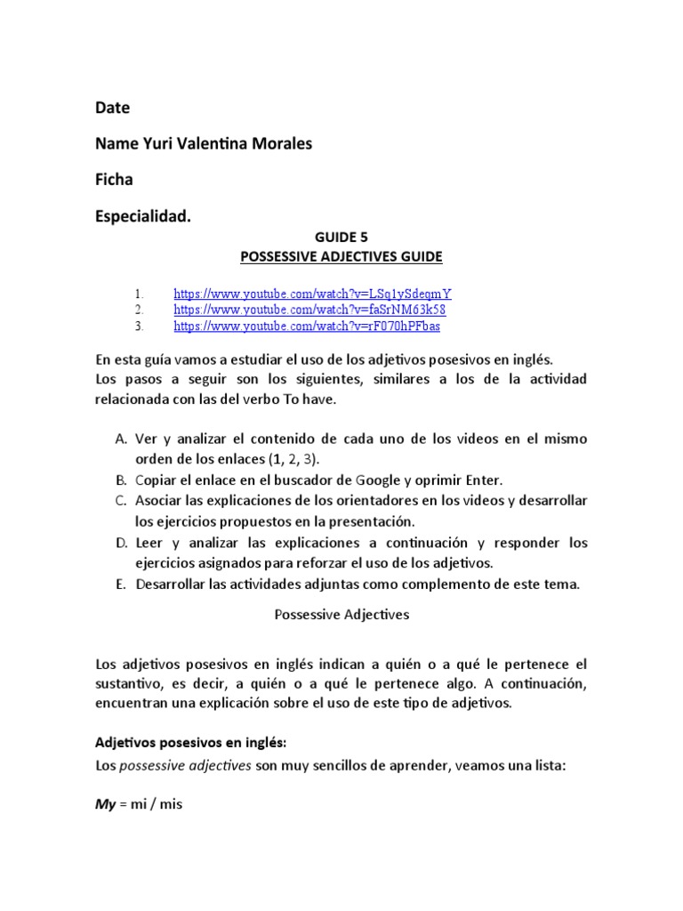 1 Possessive Adjectives Exercises Ya | PDF | Adjetivo | Mecánica del ...