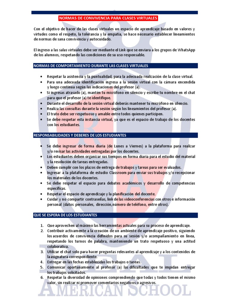 Normas de Convivencia para Clases Virtuales 2021 | PDF | Maestros ...