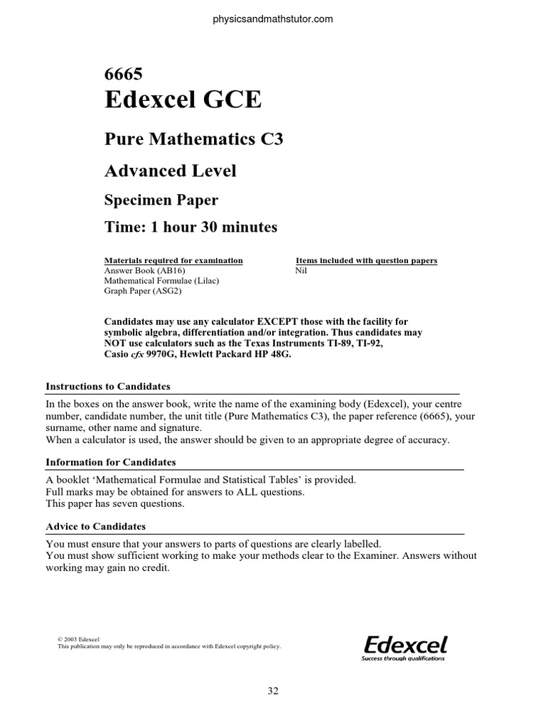 Edexcel GCE: Specimen Paper Time: 1 Hour 30 Minutes | PDF | Cartesian ...