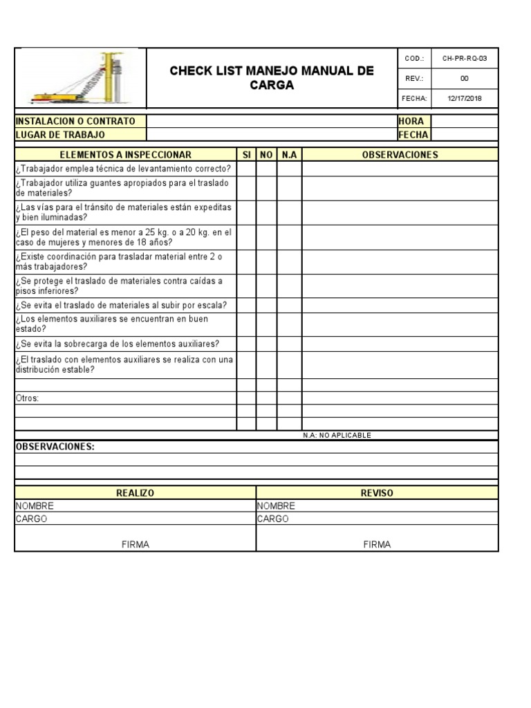 CH-PR-RQ-03 Check List Manejo Manual de Cargas Rev. 00 | PDF