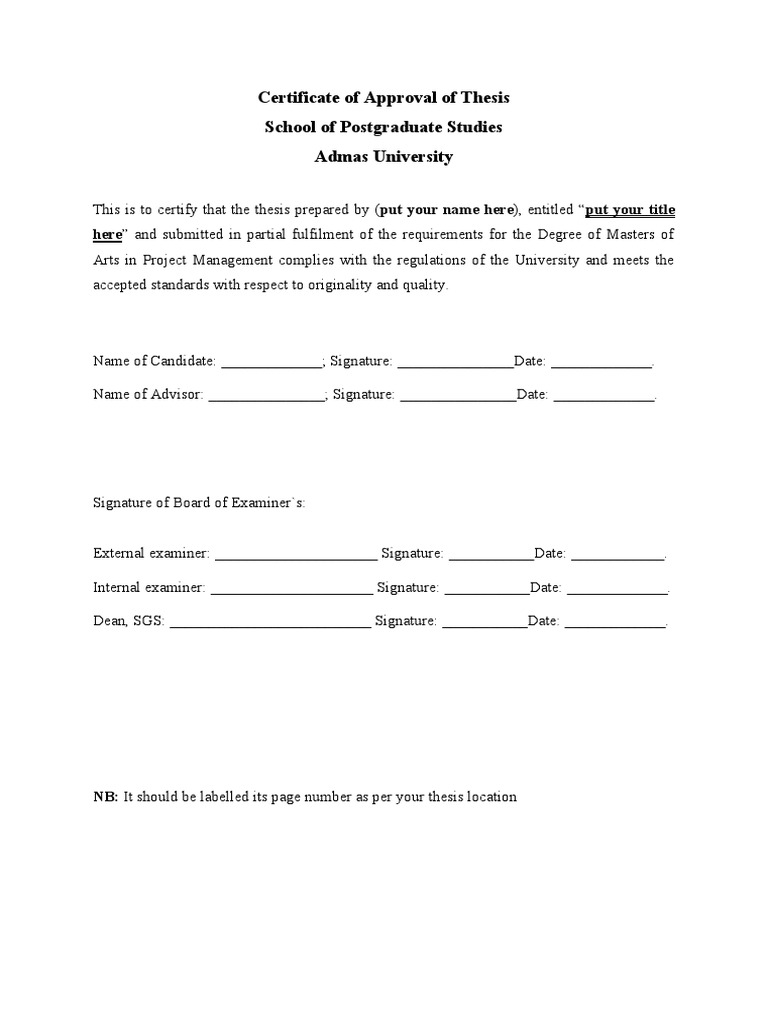 Thesis Approval Certificate Template | PDF | Thesis | Postgraduate ...