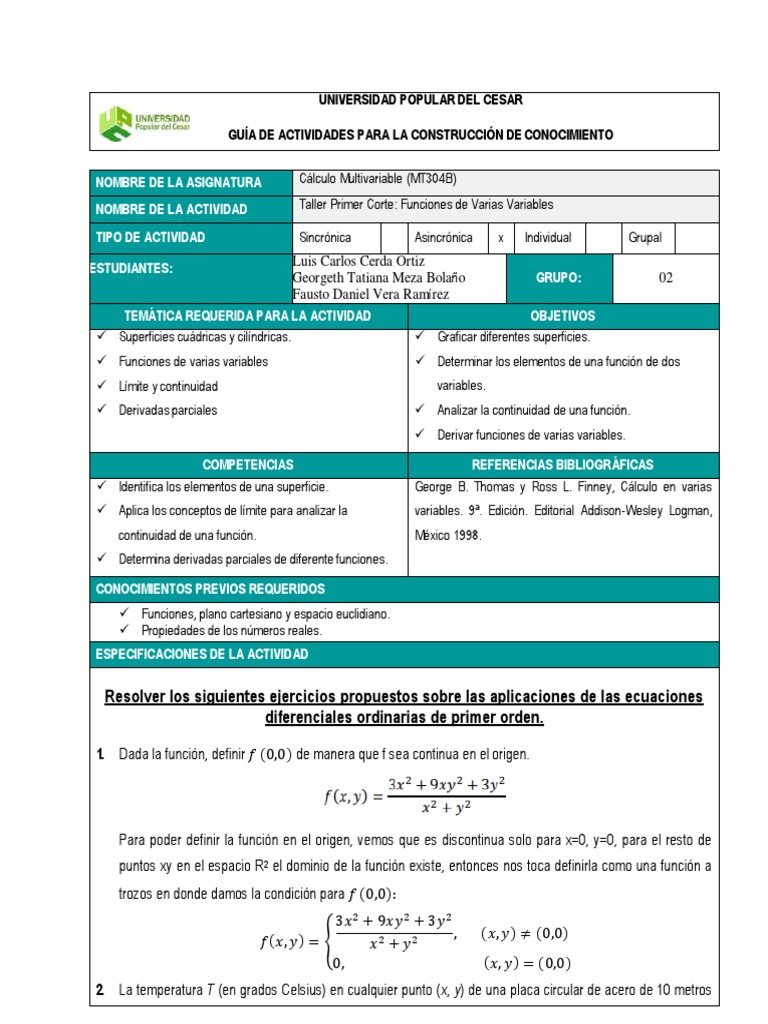 Cálculo Multivariable Taller #1 | PDF | Cálculo multivariable ...