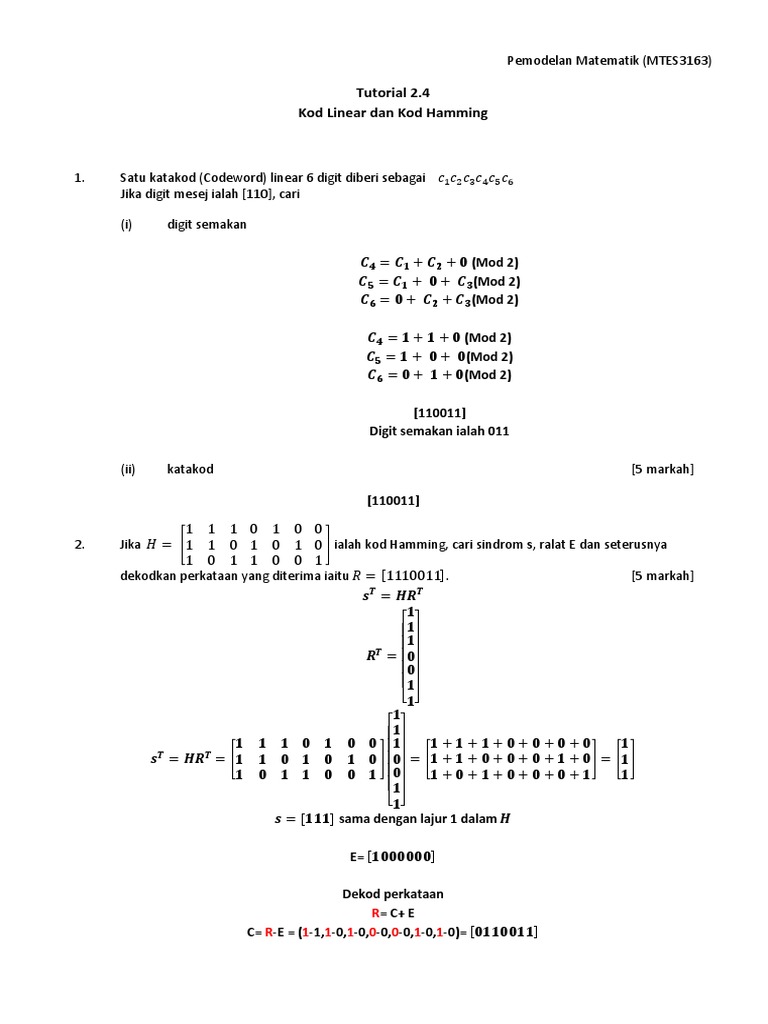Tutorial 2.4 Kod Linear Dan Kod Hamming - Edna | PDF