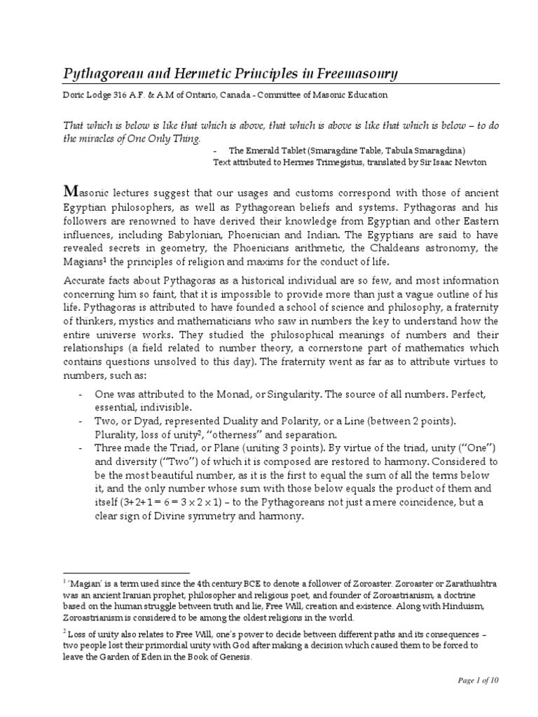 Pythagorean and Hermetic Principles in Freemasonry | PDF | Pythagoras ...