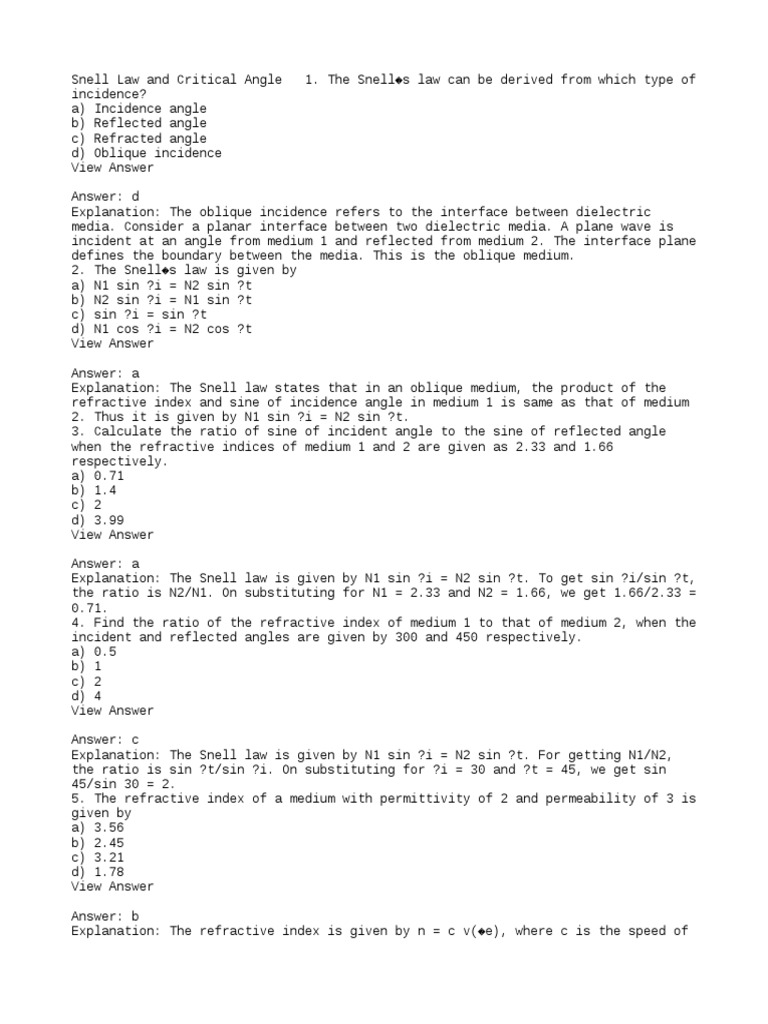 Snell Law | PDF | Refraction | Refractive Index