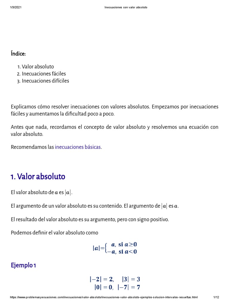 Inecuaciones Con Valor Absoluto | PDF | Desigualdad (Matemáticas) | Ecuaciones